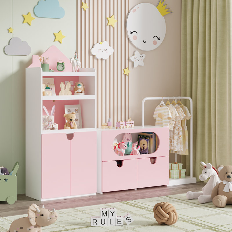 55.9 H x 69.3 W Kids Bookcases with Removable Drawers with Clothes Drying Rod